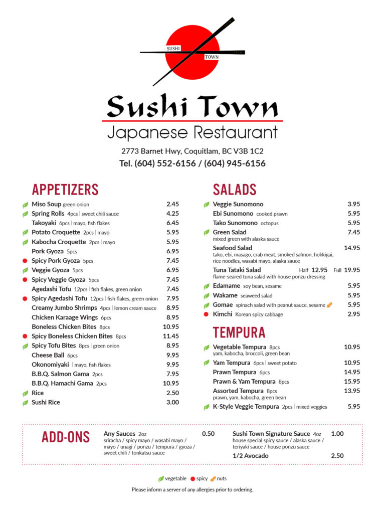 Menu – Sushi town Coquitlam Online order and delivery